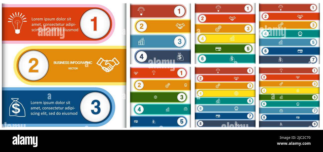 Templates for infographics, numbered multi-coloured strips Stock Vector ...