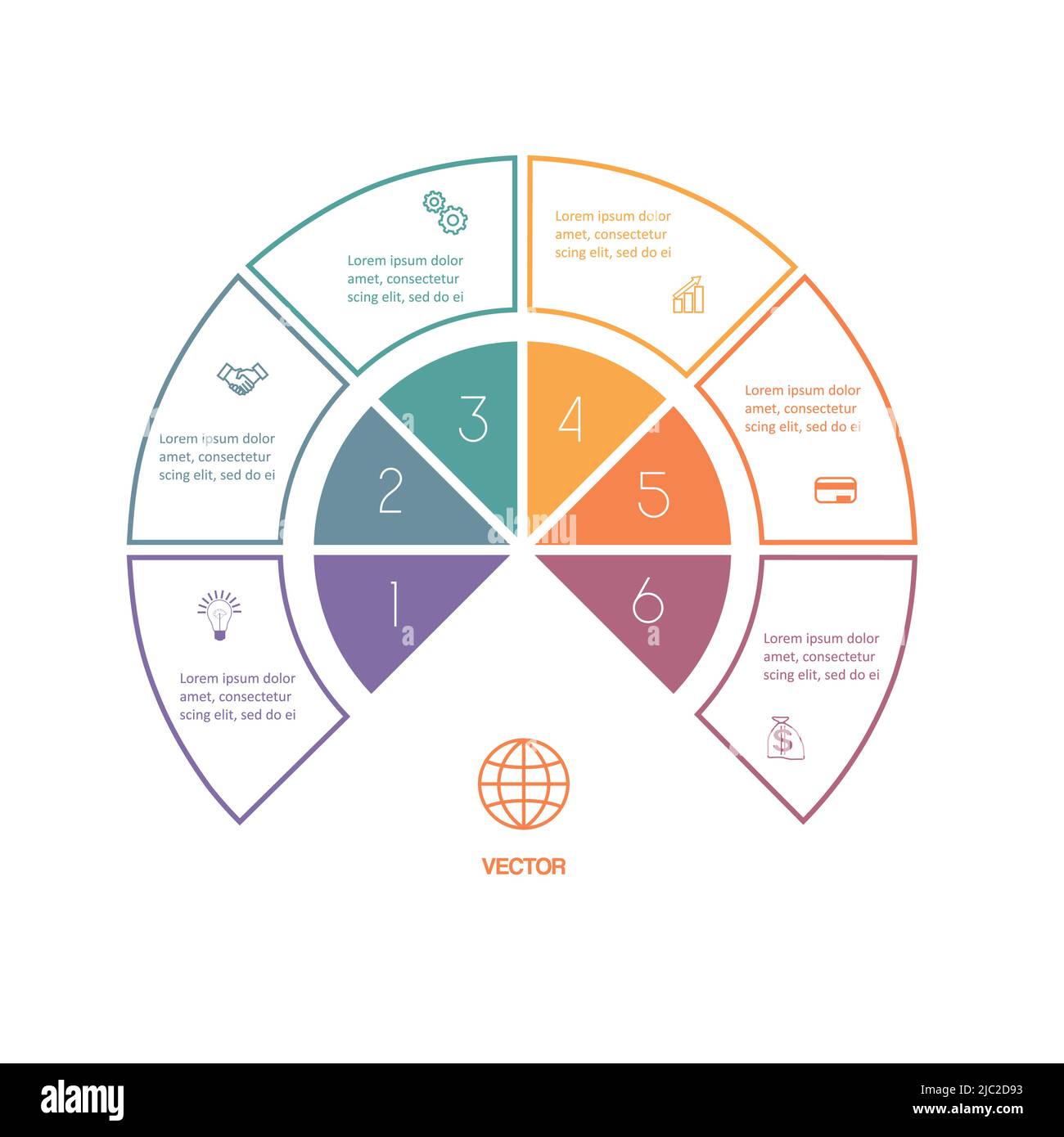 Semicircle template for design infographic 6 positions for text area ...