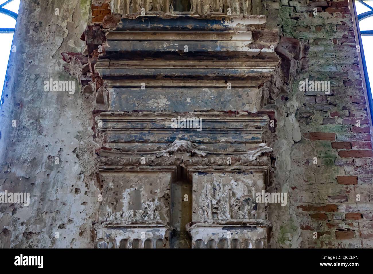 The upper part of the column in the interior of an ancient building ...