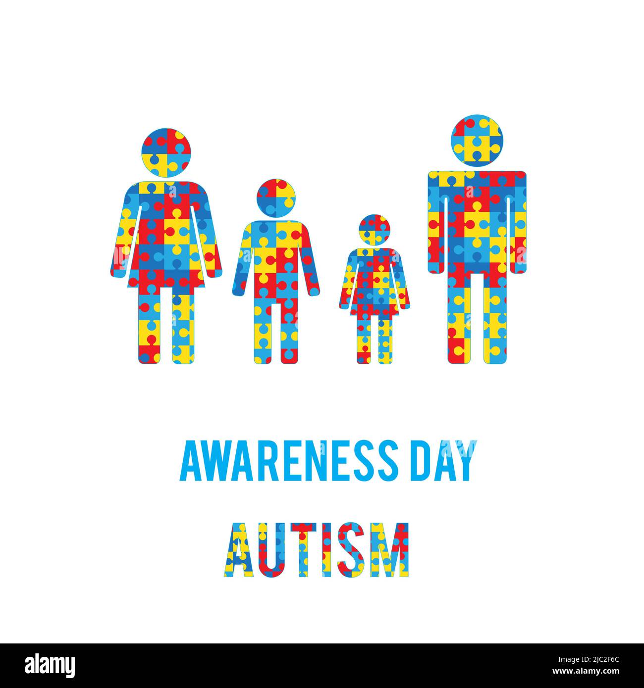 Autism awareness day. Family, mom, dad, children. Puzzle Pieces. White ...