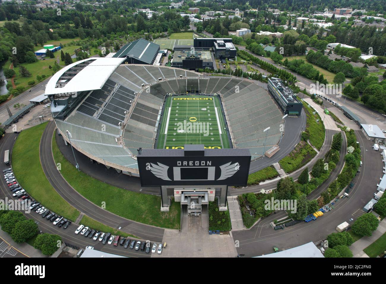 A general overall aerial view of Autzen Stadium, the home of the Oregon ...