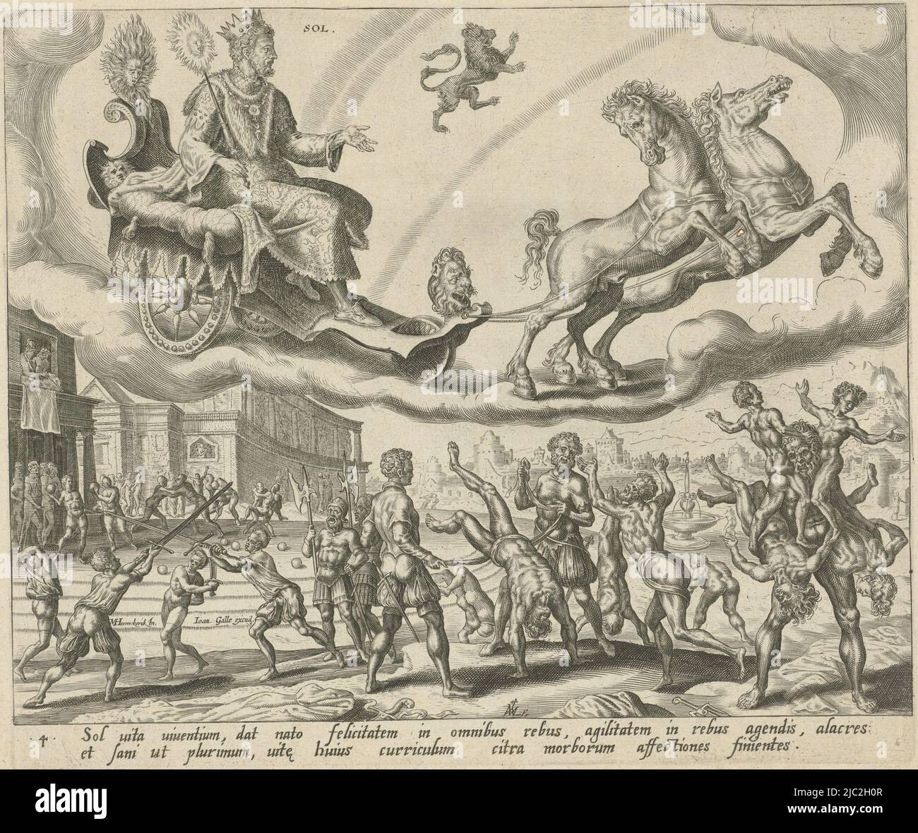 The sun god Sol is riding in his chariot in the sky, pulled by two ...