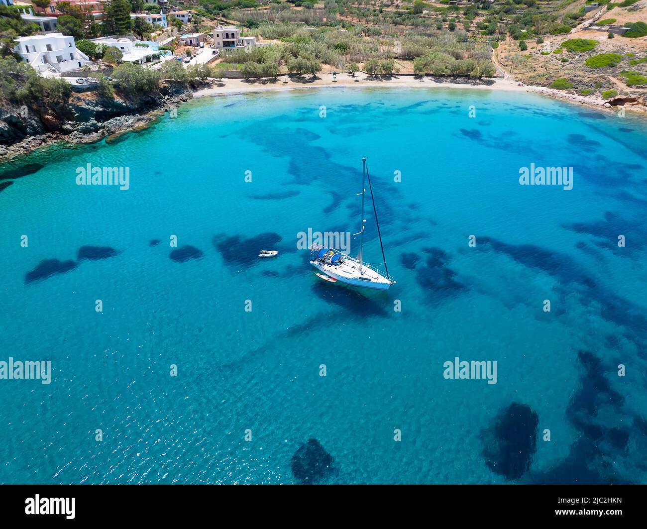 Aerial view of the beautiful Lotos Beach next to Kini bay at Syros ...