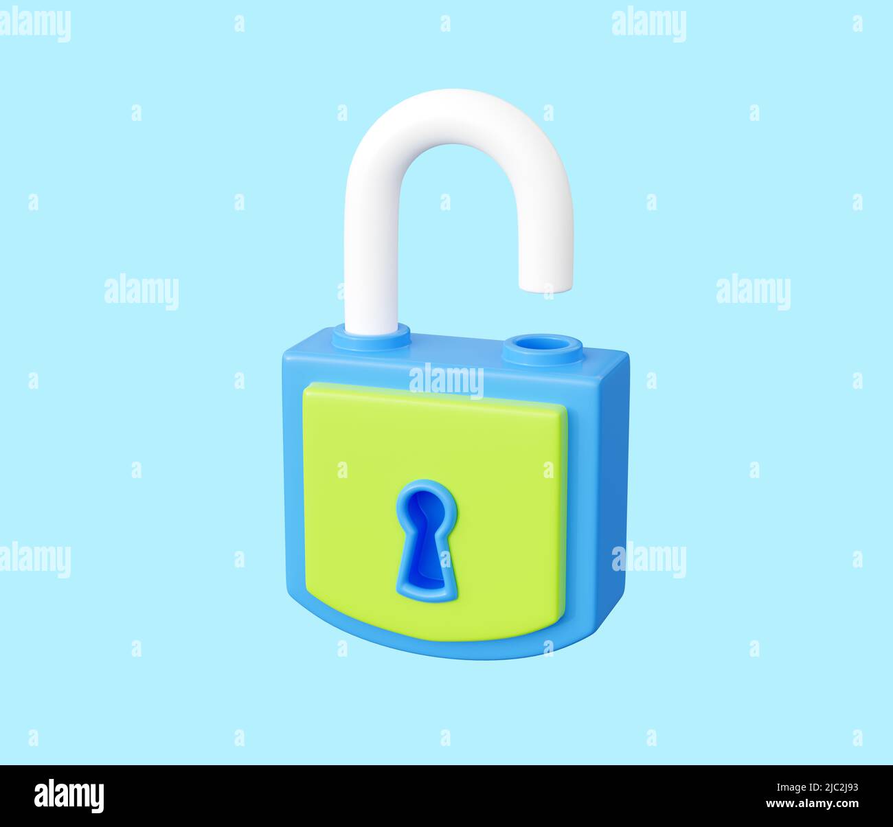 Open padlock 3d render illustration. Blue and green lock with keyhole ...