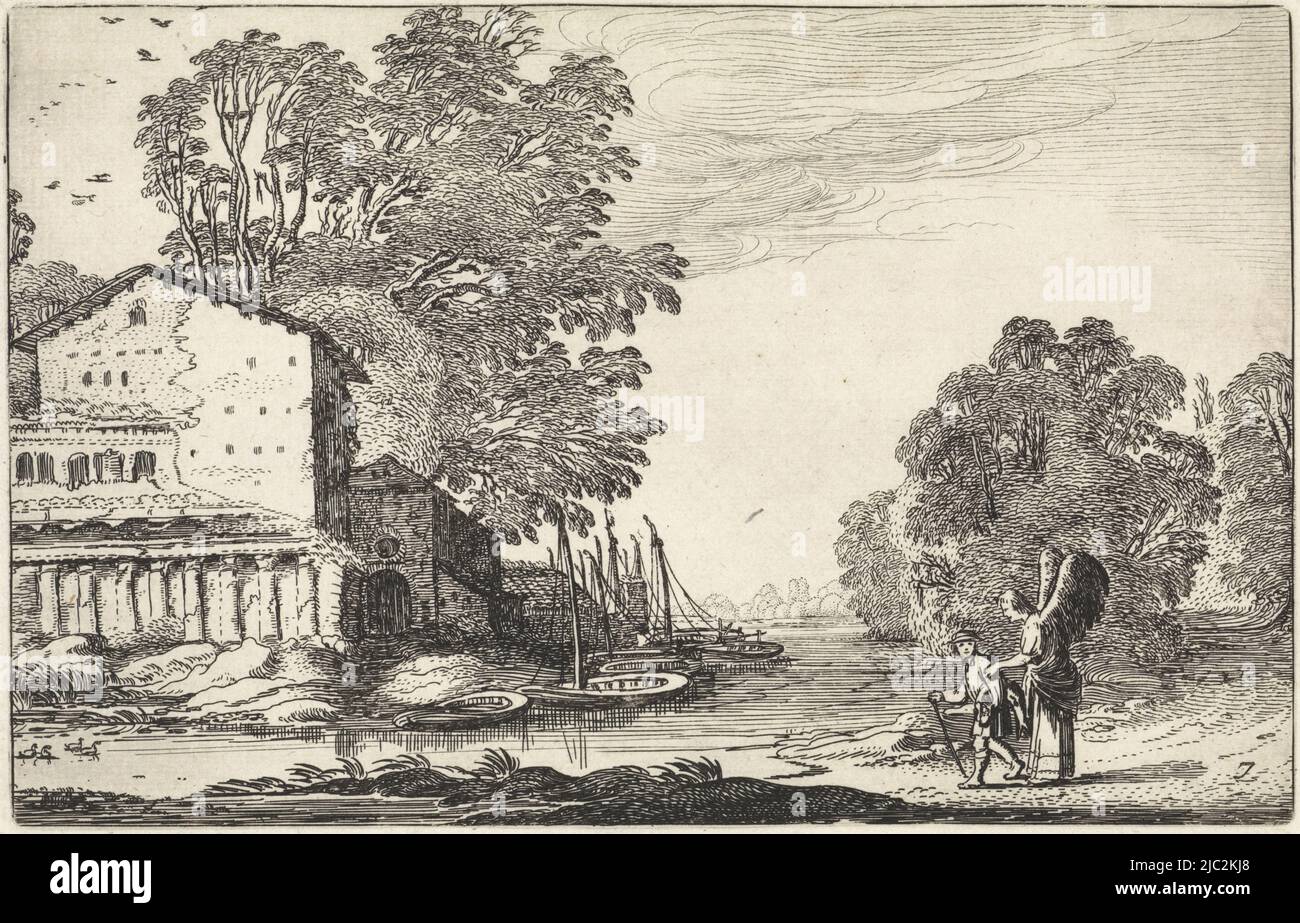 Tobias, with the fish under his arm, and the angel on the road on a ...