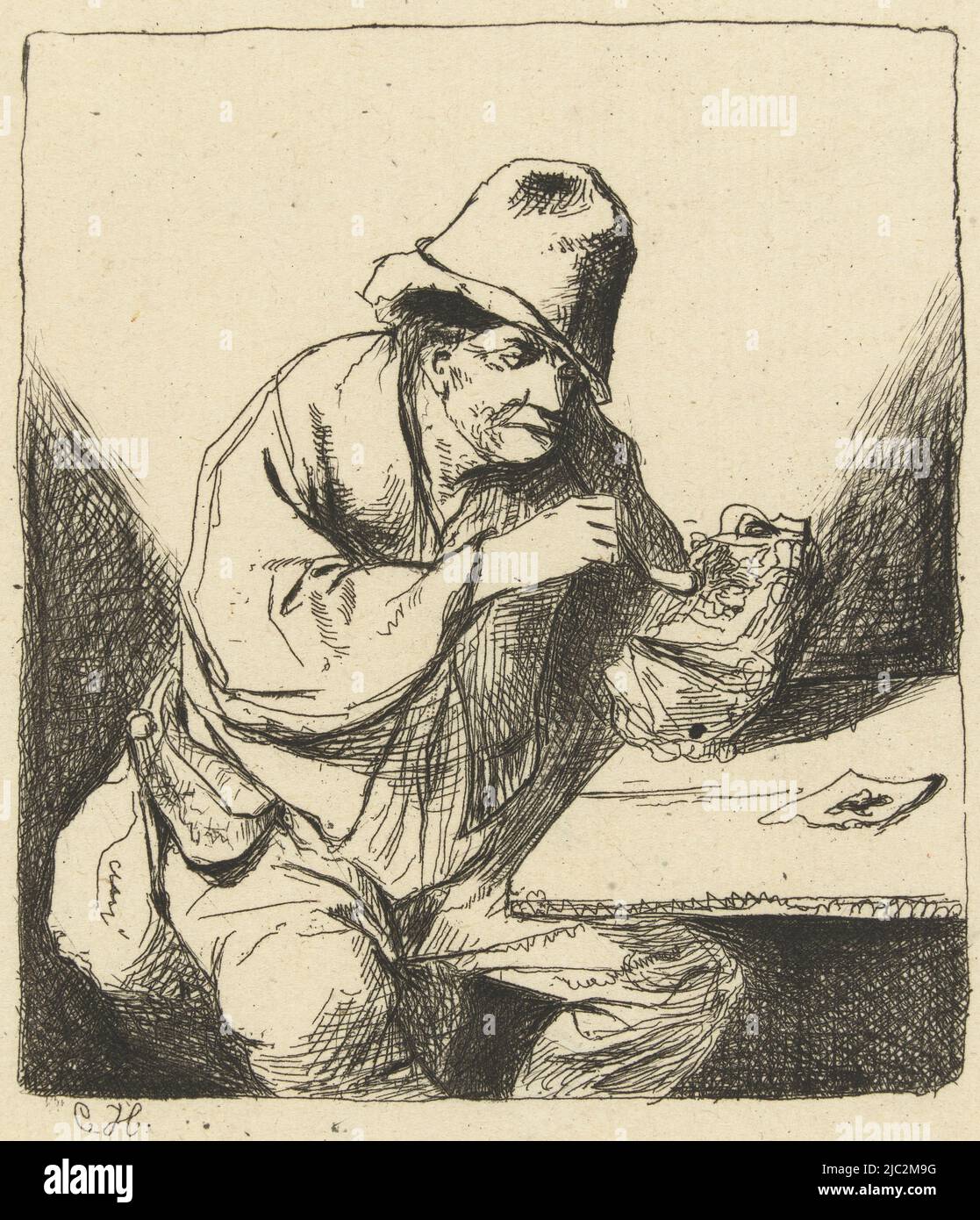 Copy in mirror image after print by Cornelis Pietersz. Bega, Seated man ...