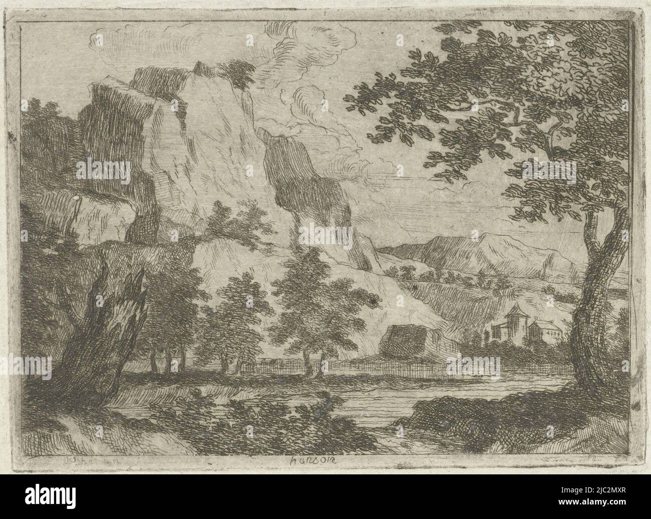 Rock in a river landscape, print maker: Jean Joseph Hanson, (mentioned ...