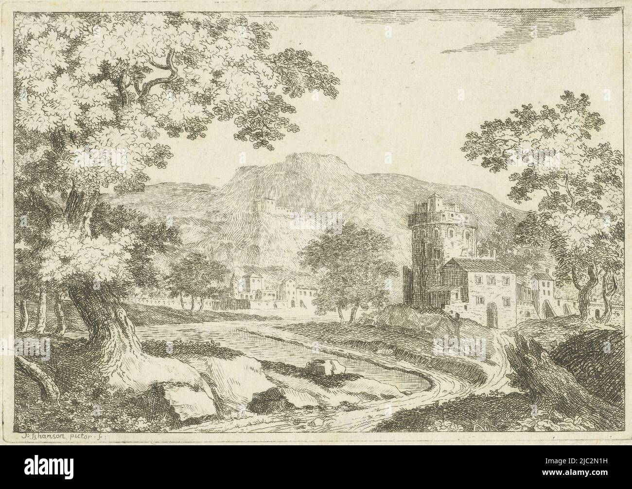 River landscape with houses and towers, print maker: Jean Joseph Hanson ...