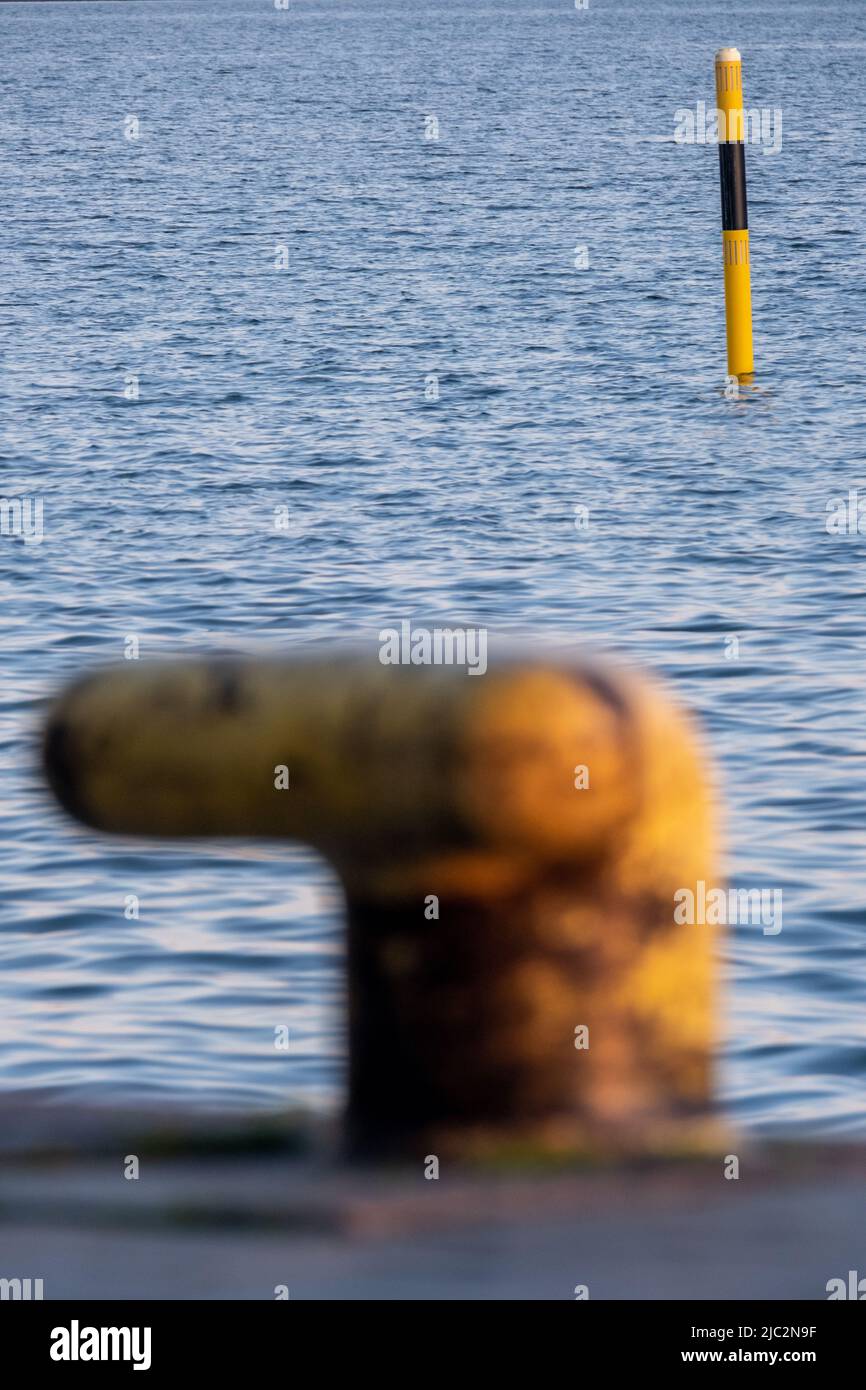 Helsinki / Finland - JUNE 6, 2022: Metallic mooring bollard against the ...