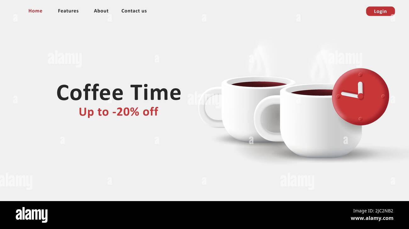 web banner for coffee time with two coffee cups and red clock 3d ...