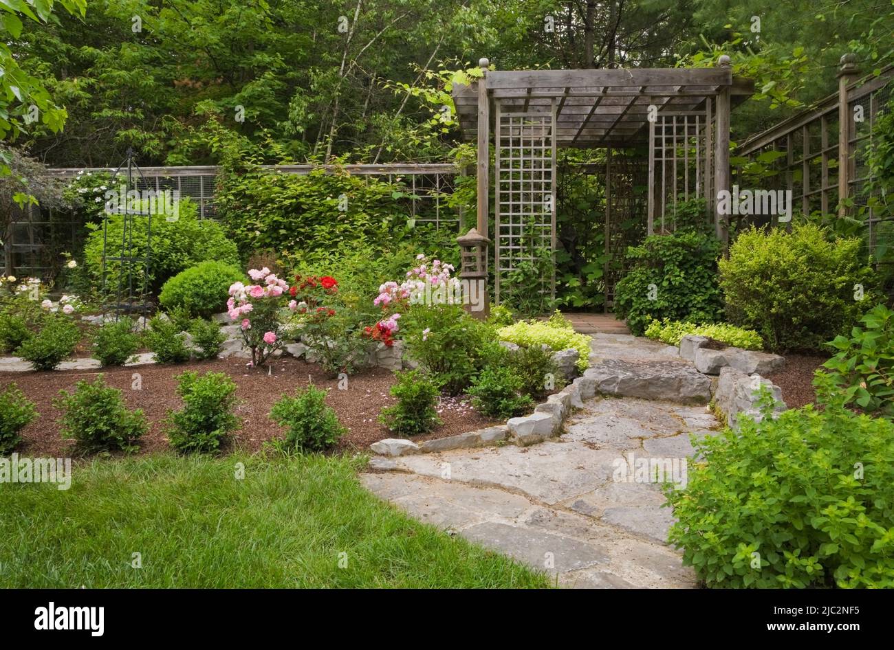 Stone path leading to pergola in landscaped residential backyard garden ...