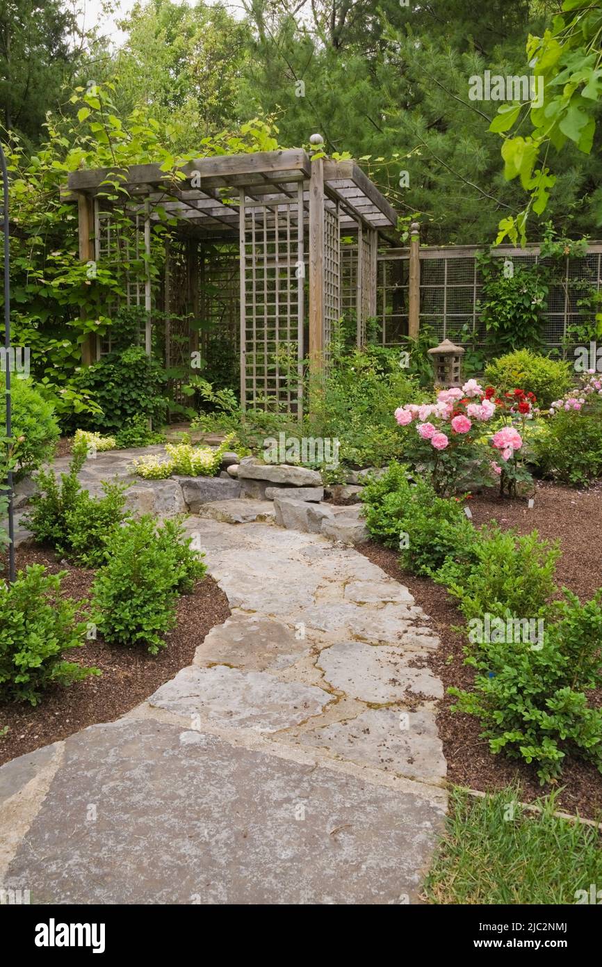 Stone path leading to pergola in landscaped residential backyard garden ...