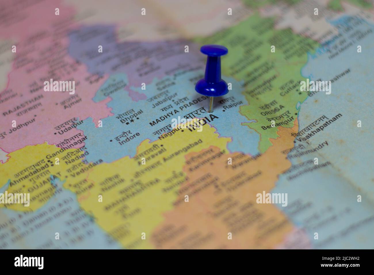 India pointed with a push pin on a colorful paper map of India Stock ...