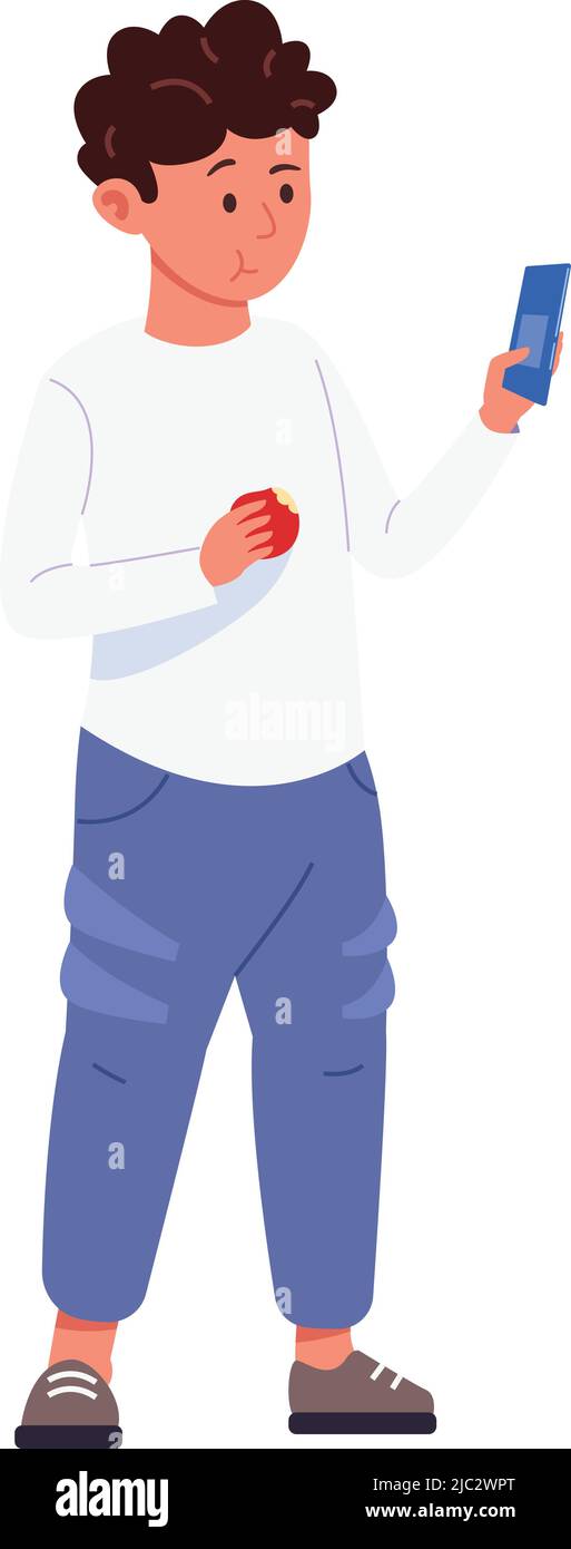 Boy with smarthone. Child using mobile phone isolated on white ...