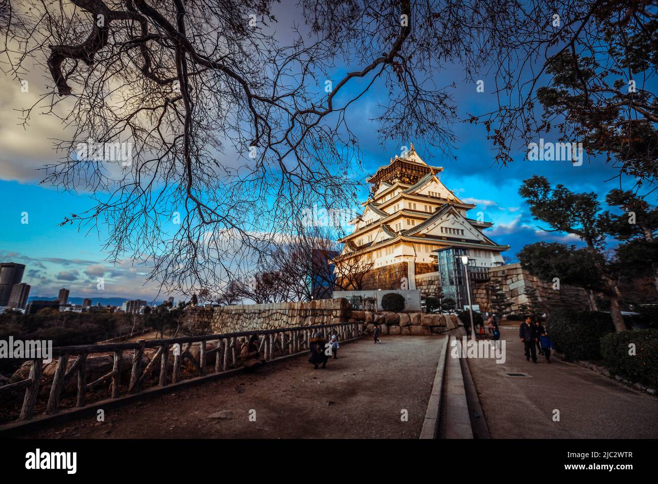 View to the Sunset Japanese Osaka Castle under Blue Sky and Trees Stock ...