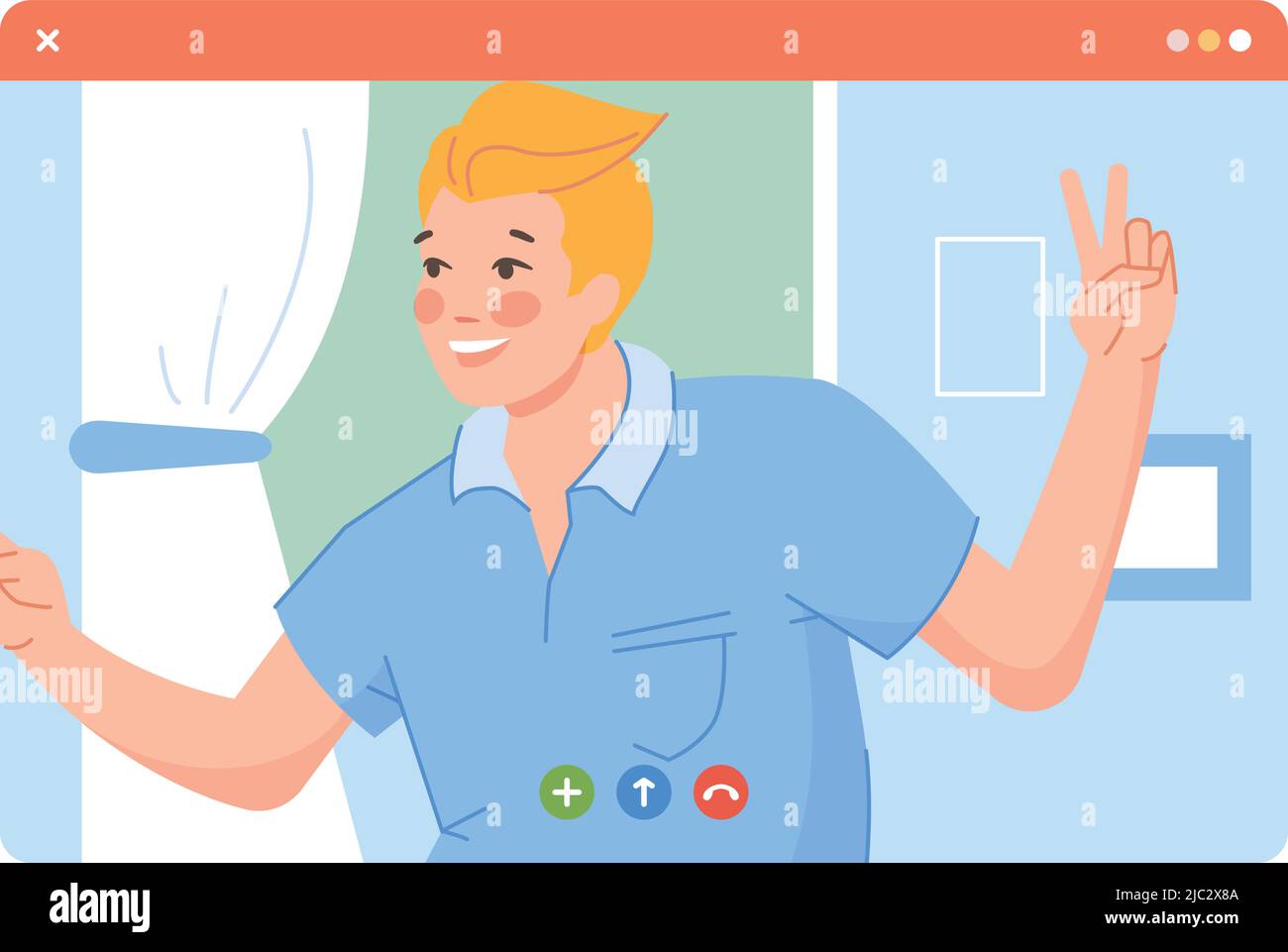 Happy young man in video call window frame isolated on white background ...