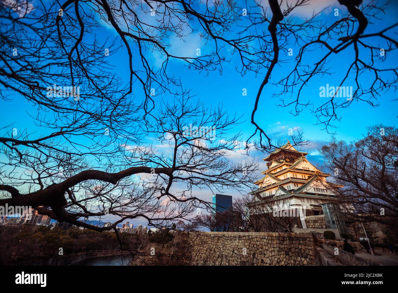 View to the Sunset Japanese Osaka Castle under Blue Sky and Trees Stock ...