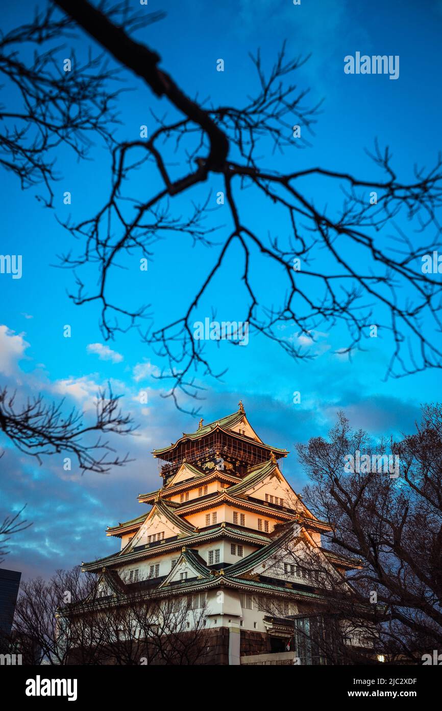 View to the Sunset Japanese Osaka Castle under Blue Sky and Trees Stock ...