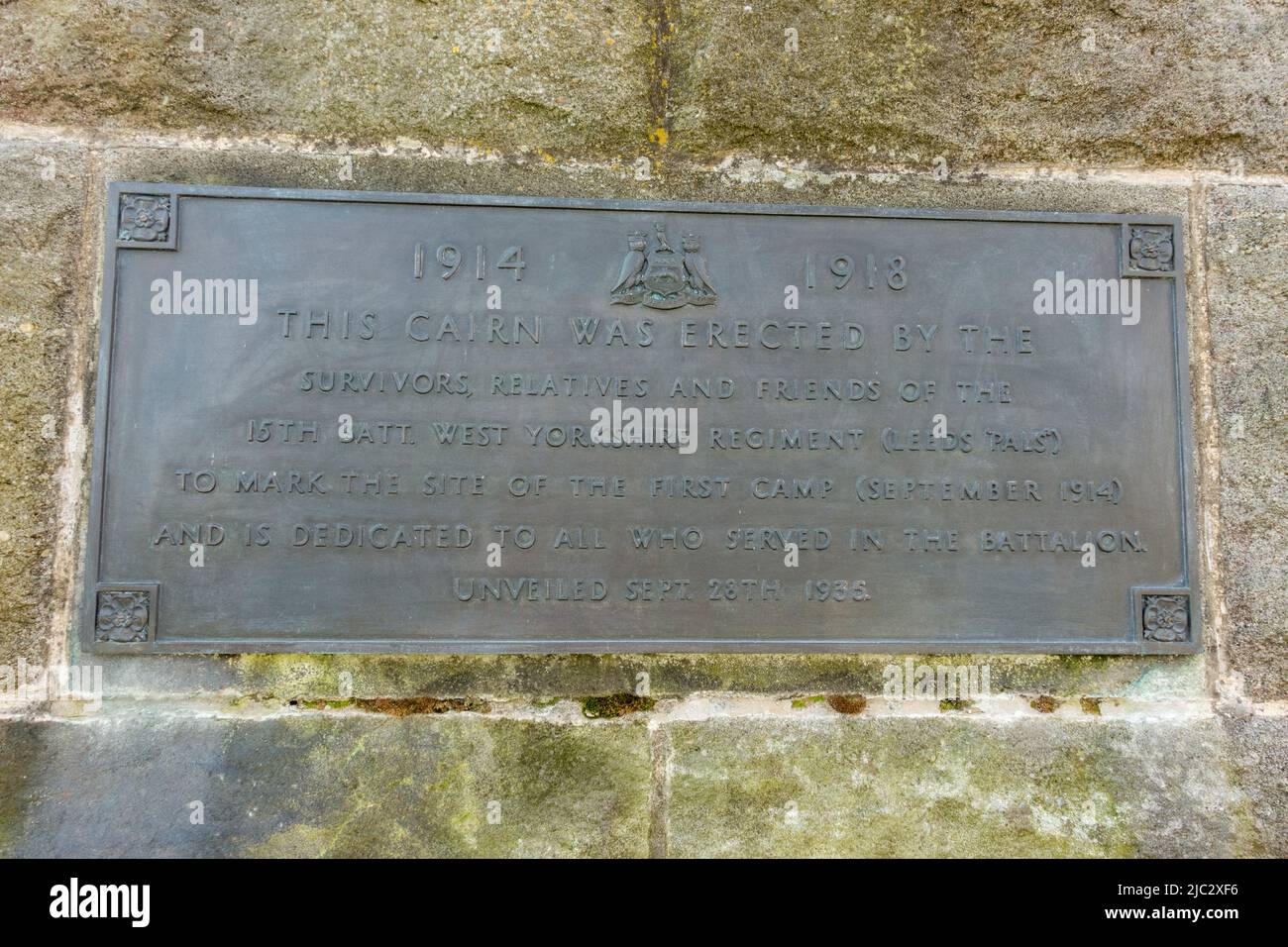 Plaque on the Leeds Pals Memorial in the Yorkshire Dales National Park ...