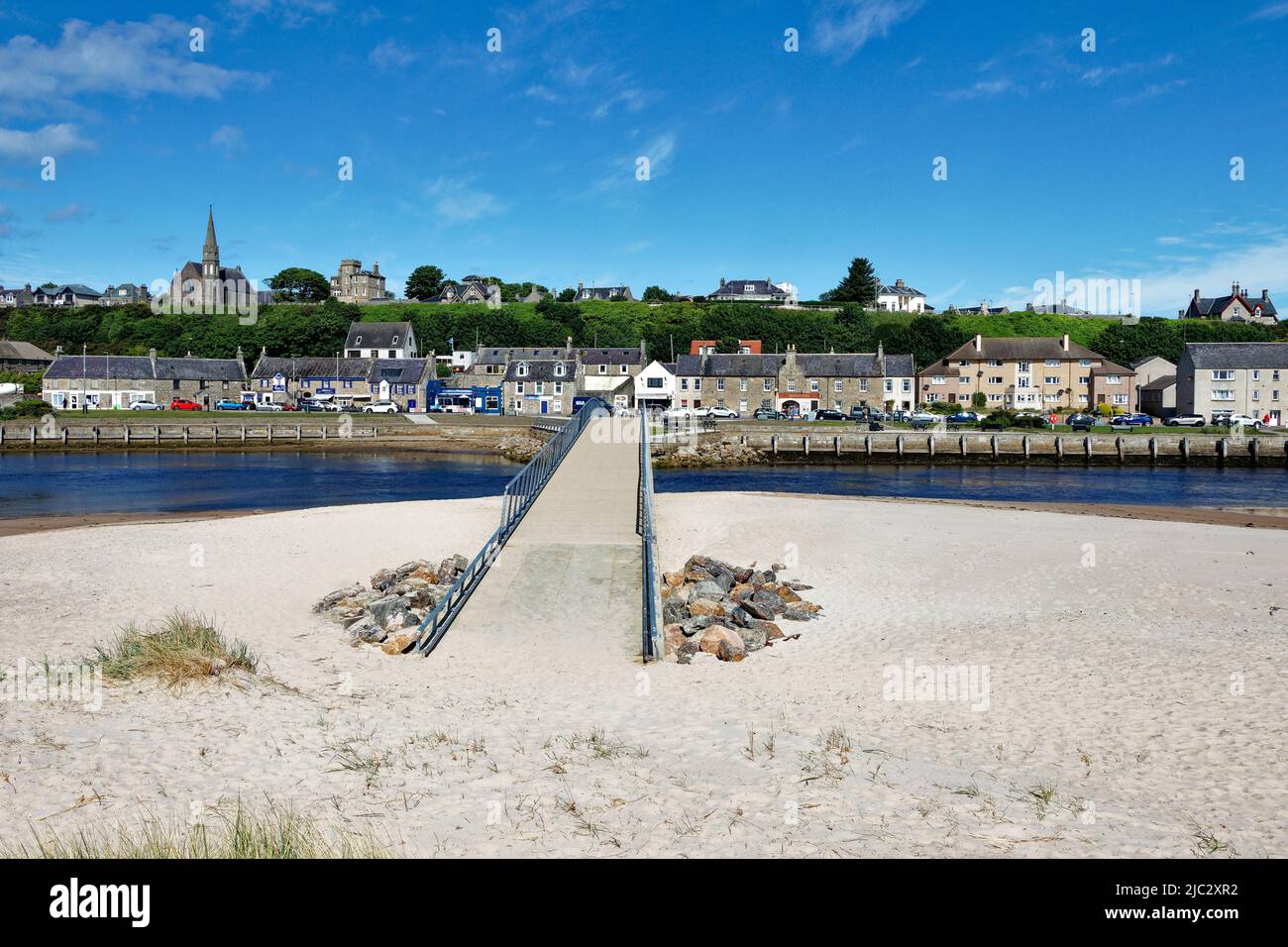 LOSSIEMOUTH MORAY SCOTLAND A NEW BRIDGE OVER THE RIVER LOSSIE FROM EAST ...