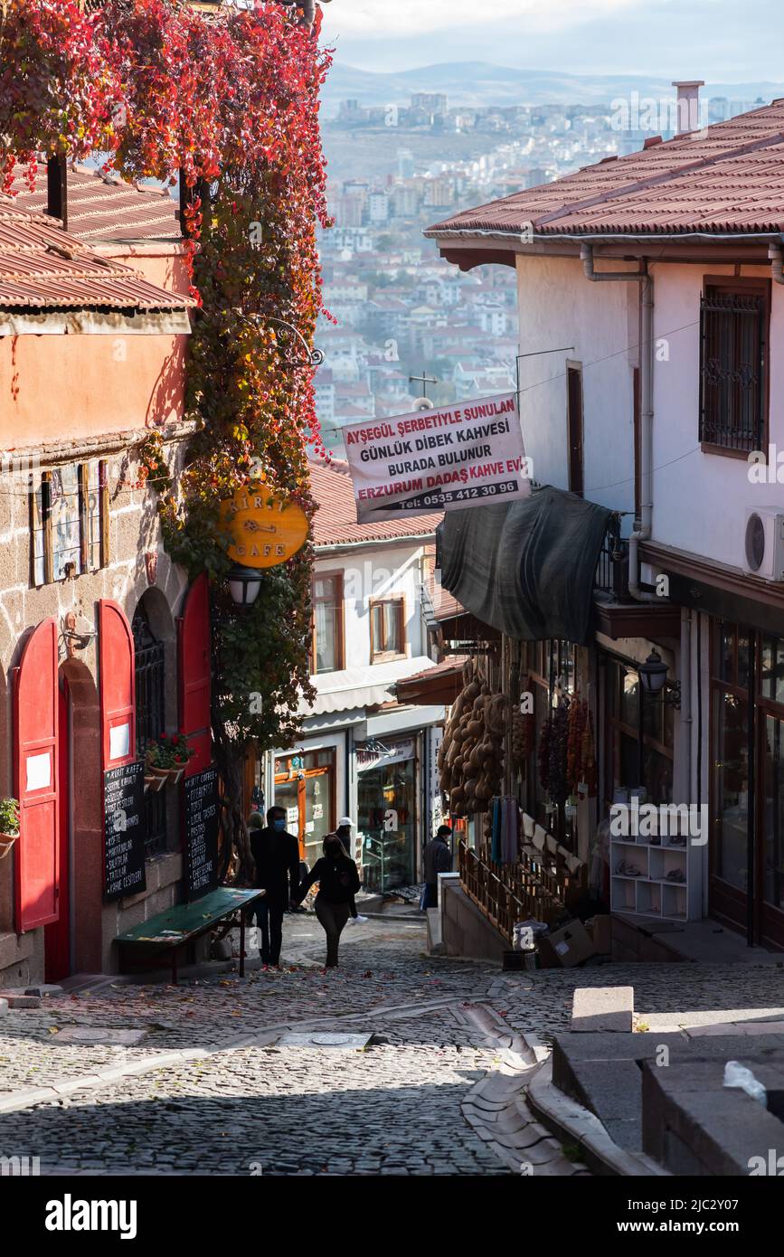The cobbled old streets of the old town inside Ankara Castle. Ankara ...