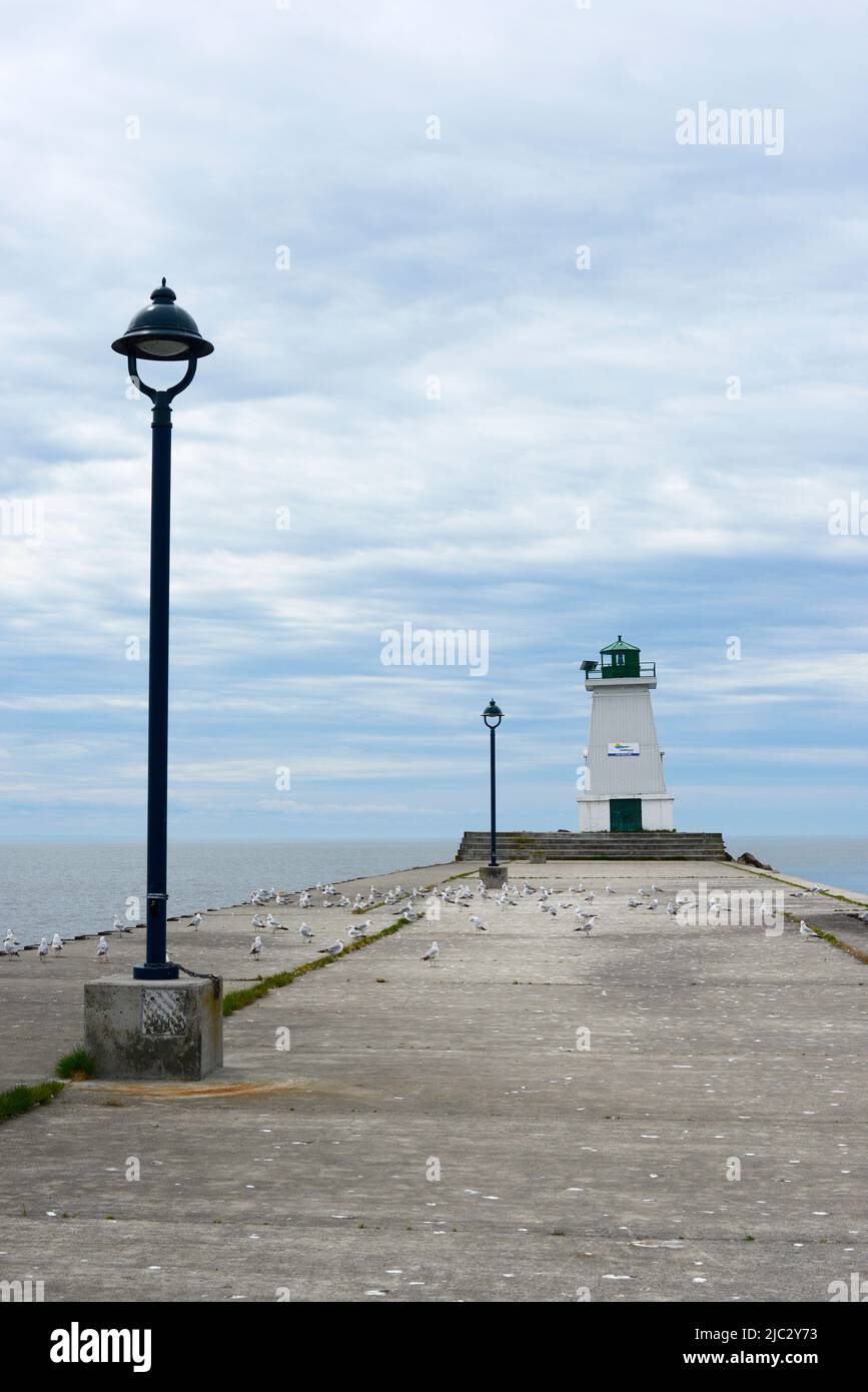 Port Maitland lighthouse and pier at the mouth of the Grand River ...