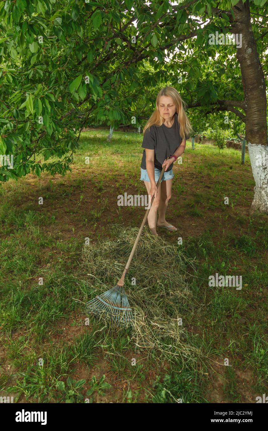 Girl with hay rake hi-res stock photography and images - Alamy