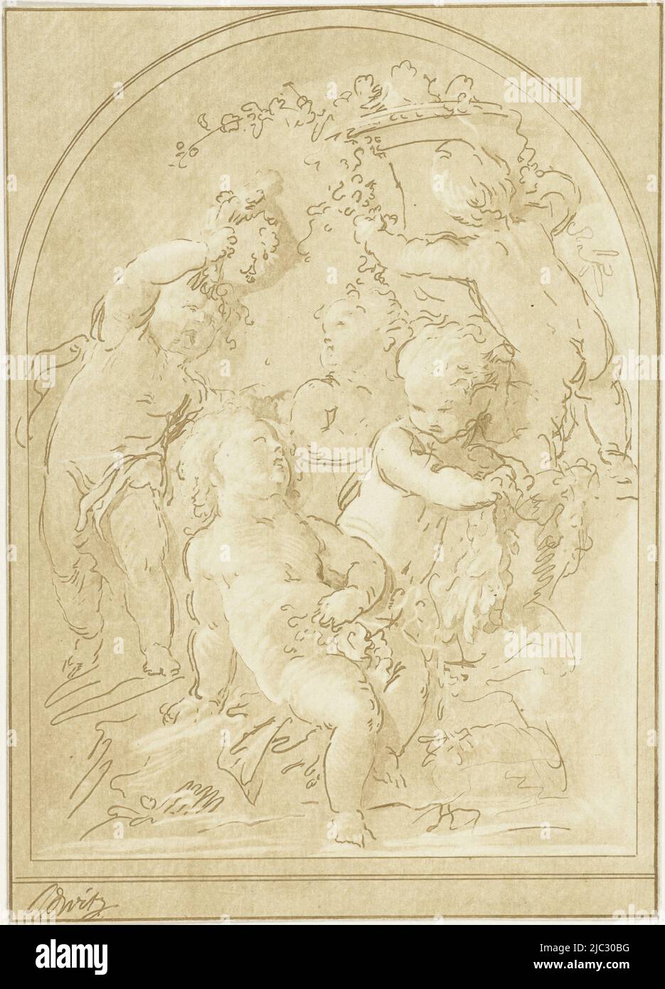 Five putti with flowers and garlands at vase, print maker: Leendert ...