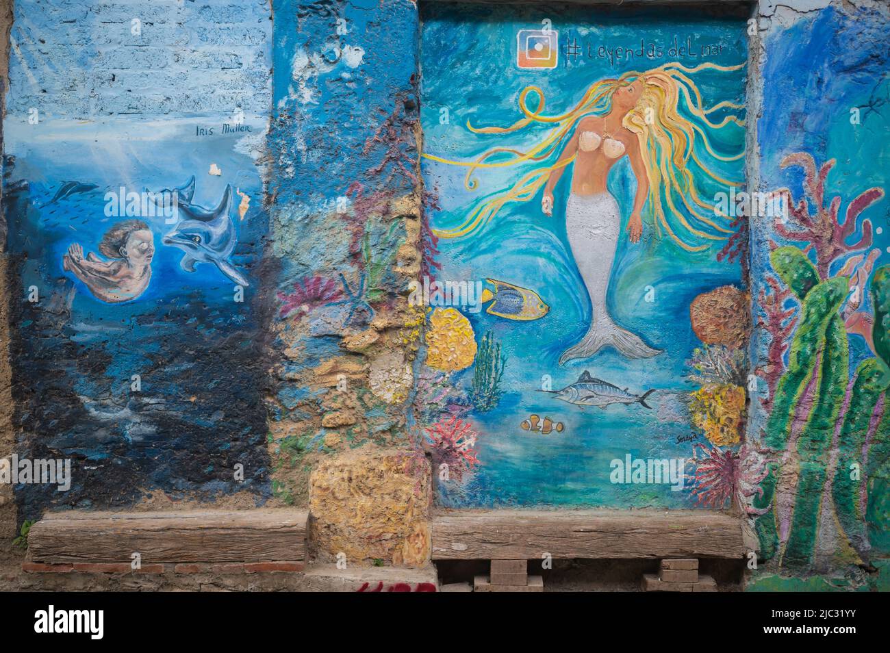 Mural by artist Iris Muller. Colorful graffitis enrich the walls of ...