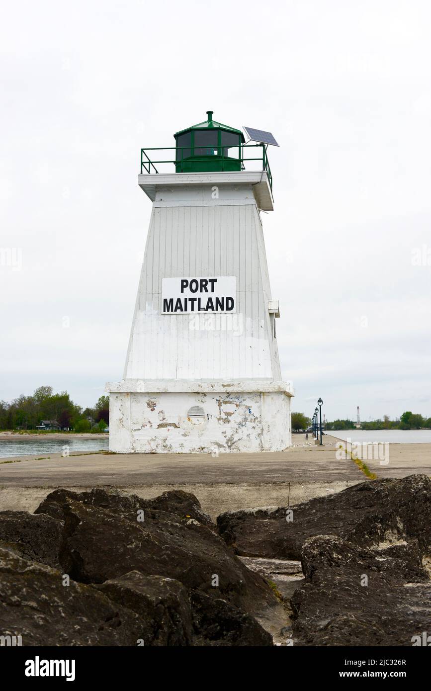 Port Maitland lighthouse and pier at the mouth of the Grand River ...