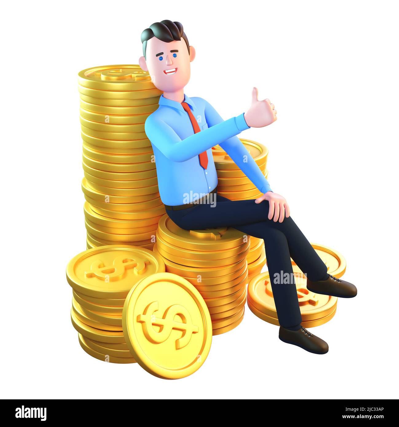 3d businessman sits on a stack of gold coins Stock Photo - Alamy