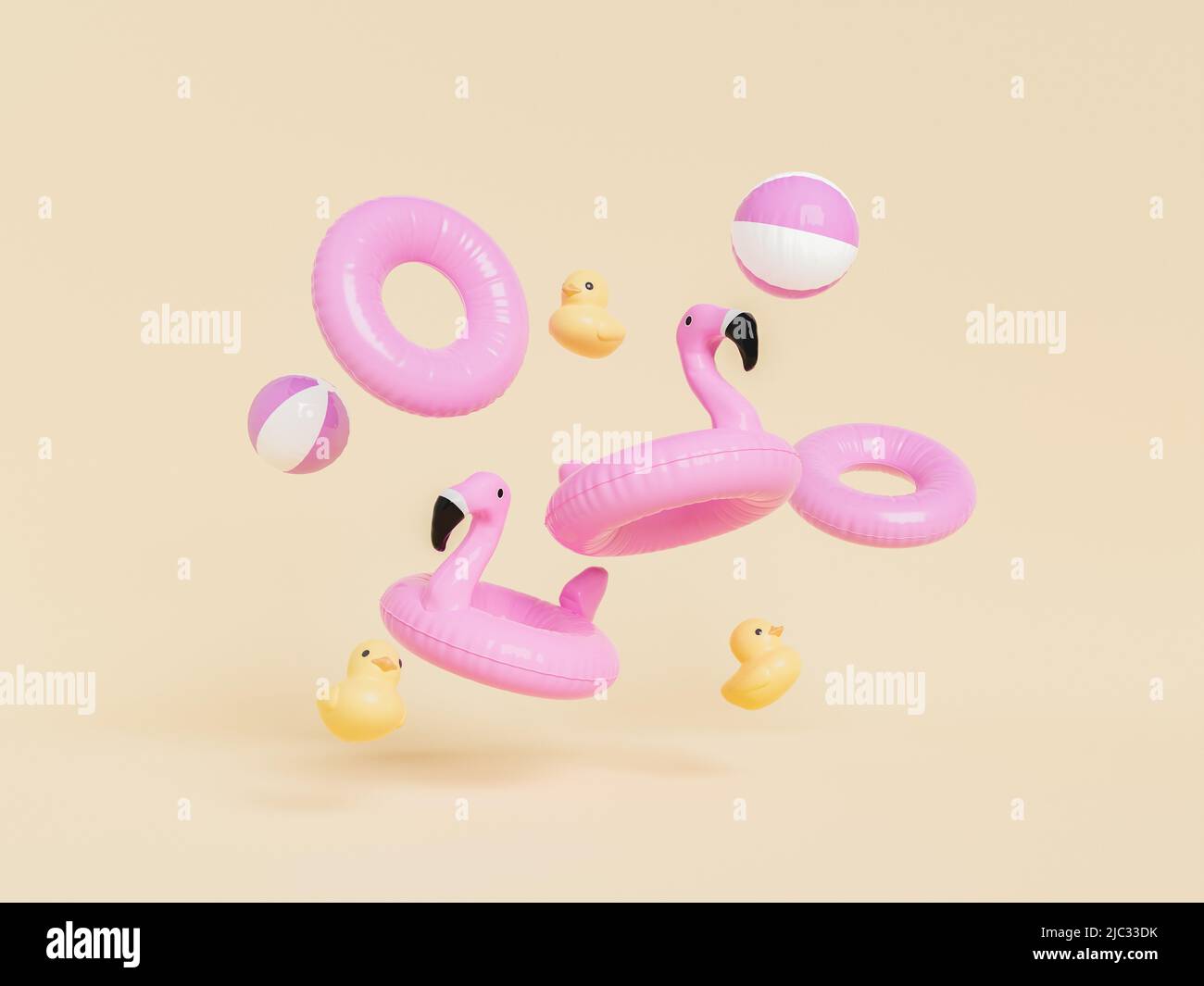 3D rendering of pink inflatable flamingos balls and swim rings with ...