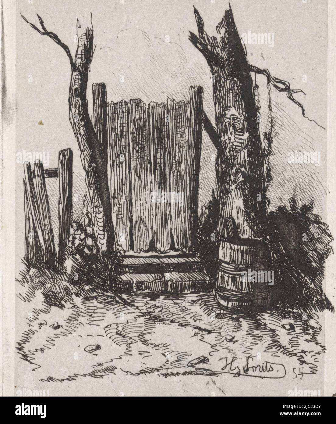 Wooden gate with rain barrel, print maker: Jan Gerard Smits, (mentioned ...