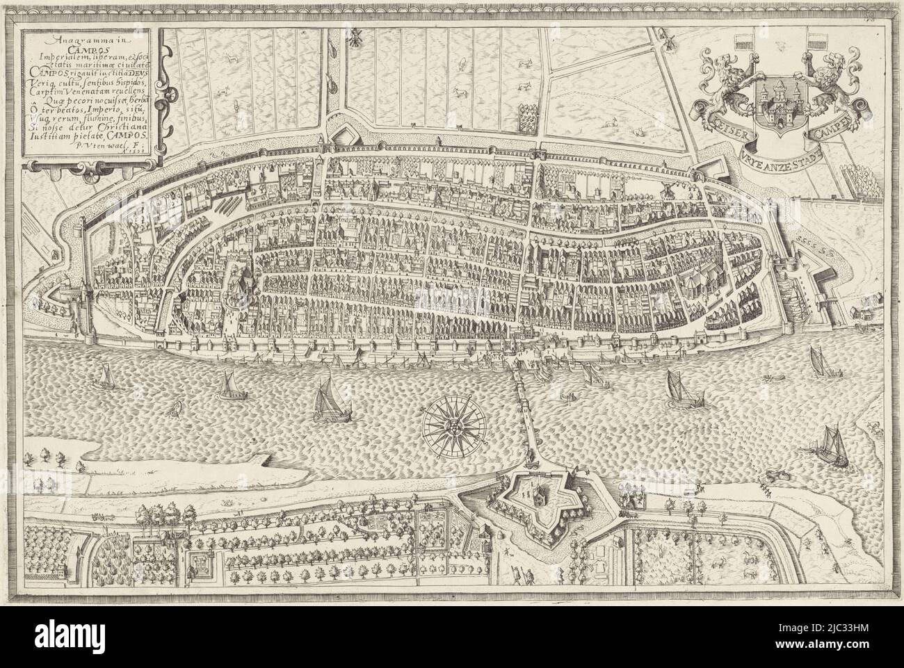 Map of the city of Kampen, seen from a bird's eye view. Several ships ...