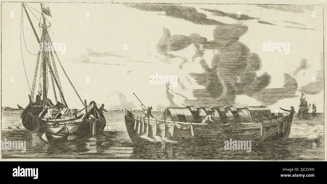 Copy in mirror image. On the right an Amsterdam lighter, a small vessel ...