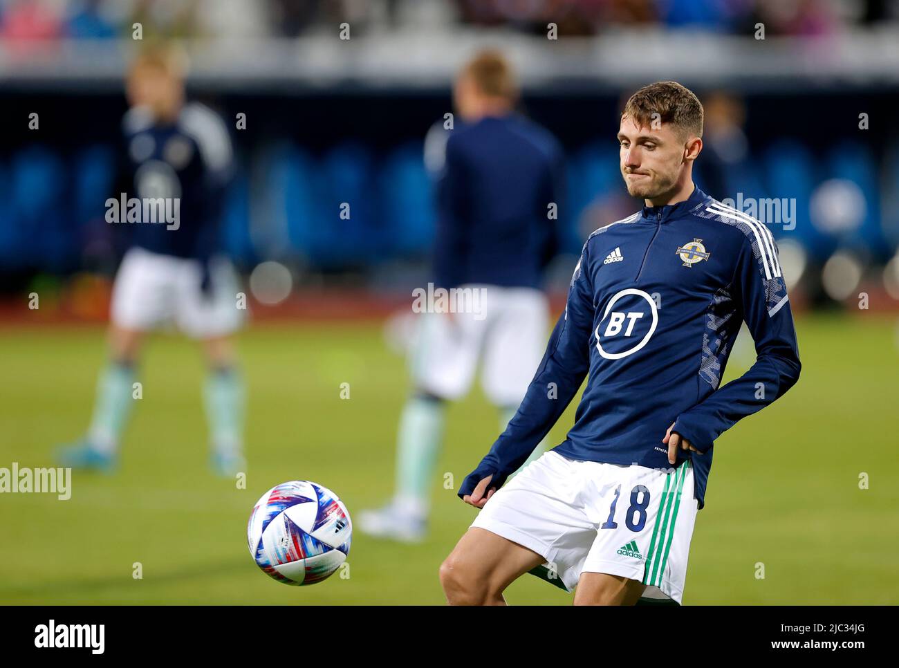Northern Ireland's Gavin Whyte warms up on the pitch ahead of the UEFA ...