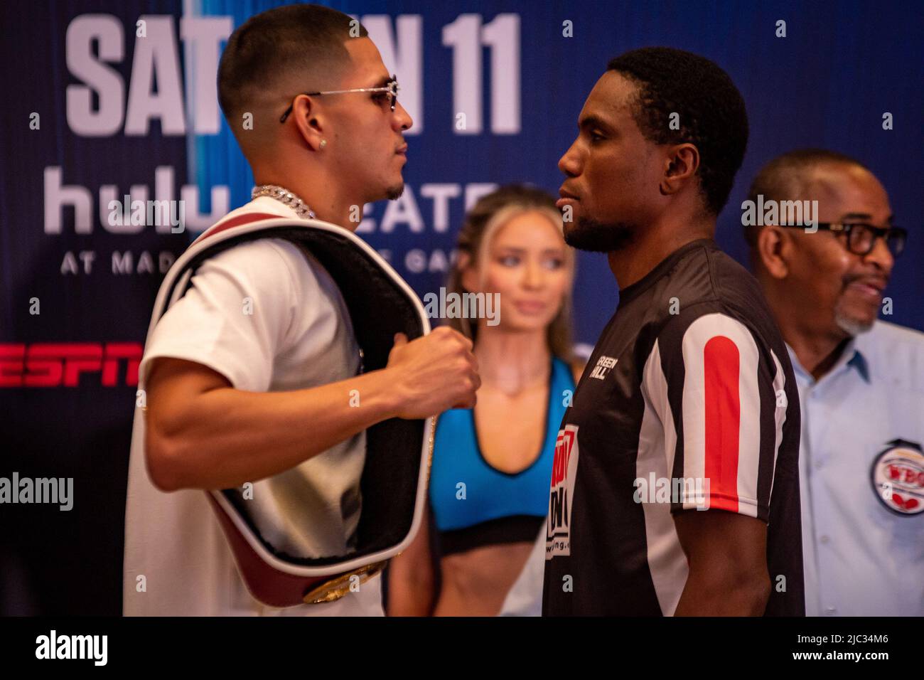 NEW YORK, NY - JUNE 9: Edgar Berlanga and Roamer Alexis Angulo ahead of ...