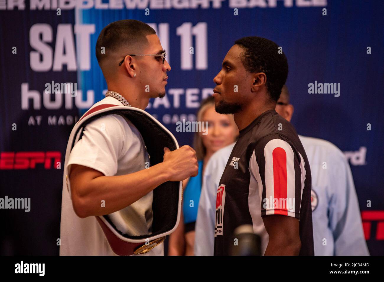 NEW YORK, NY - JUNE 9: Edgar Berlanga and Roamer Alexis Angulo ahead of ...