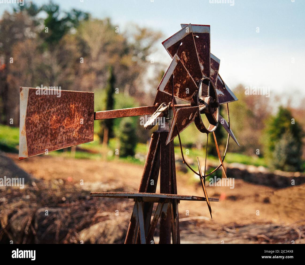 Miniature windmill in green pasture at golden hour in New England ...