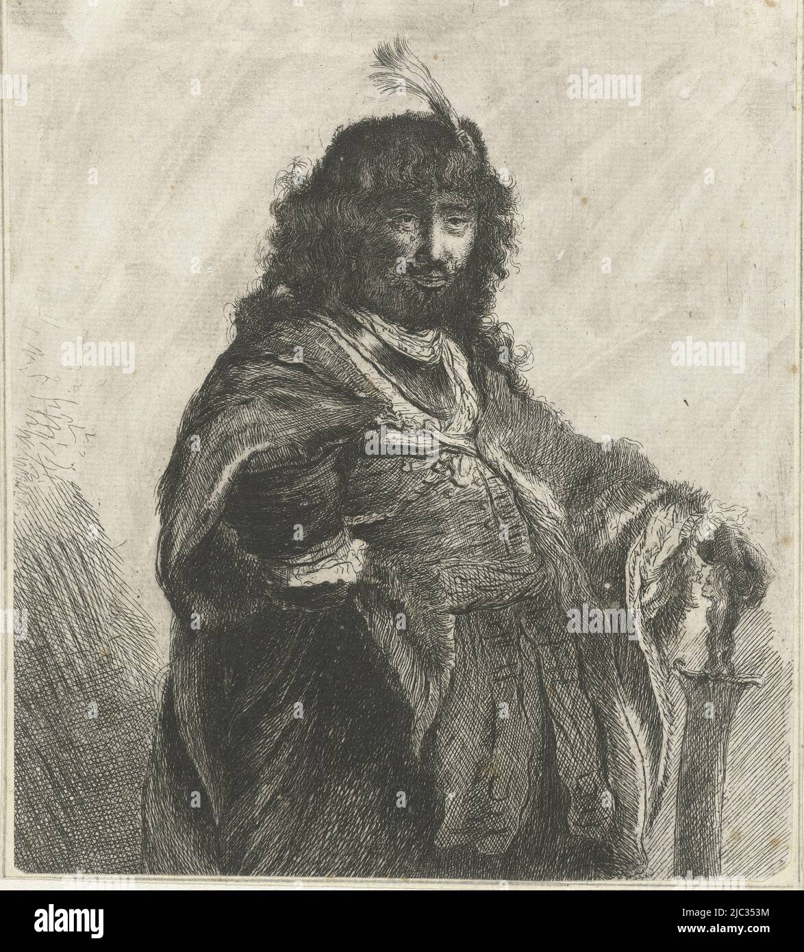 Self-portrait (?) with plumed cap and lowered sabre, print maker ...