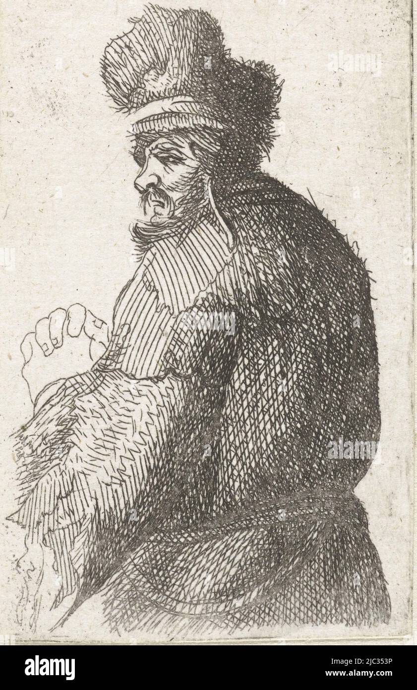 Old man seen from behind, profile right: half figure, print maker ...