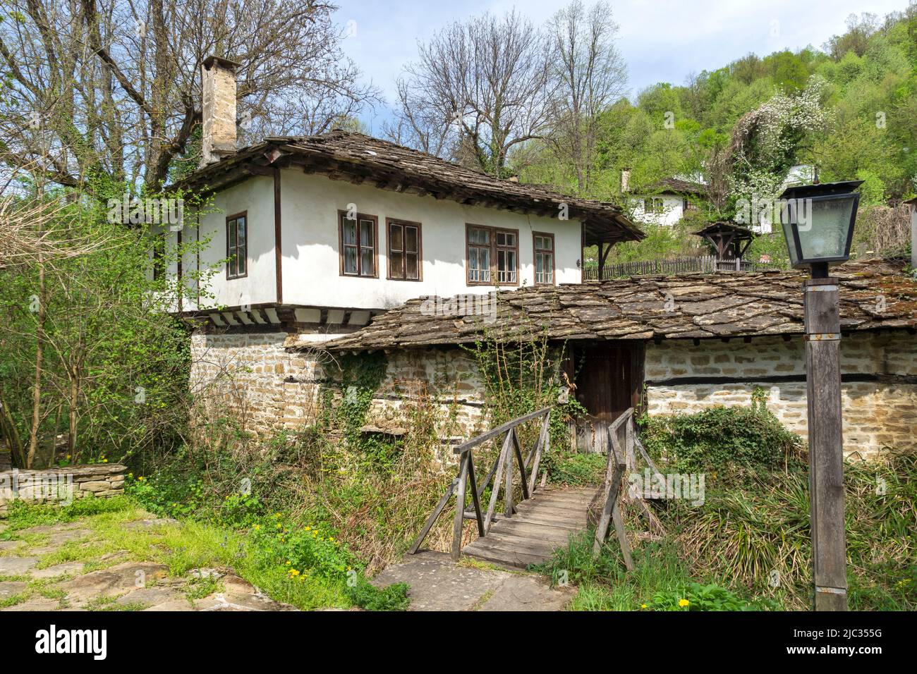 Typical street and old houses at historical village of Bozhentsi ...