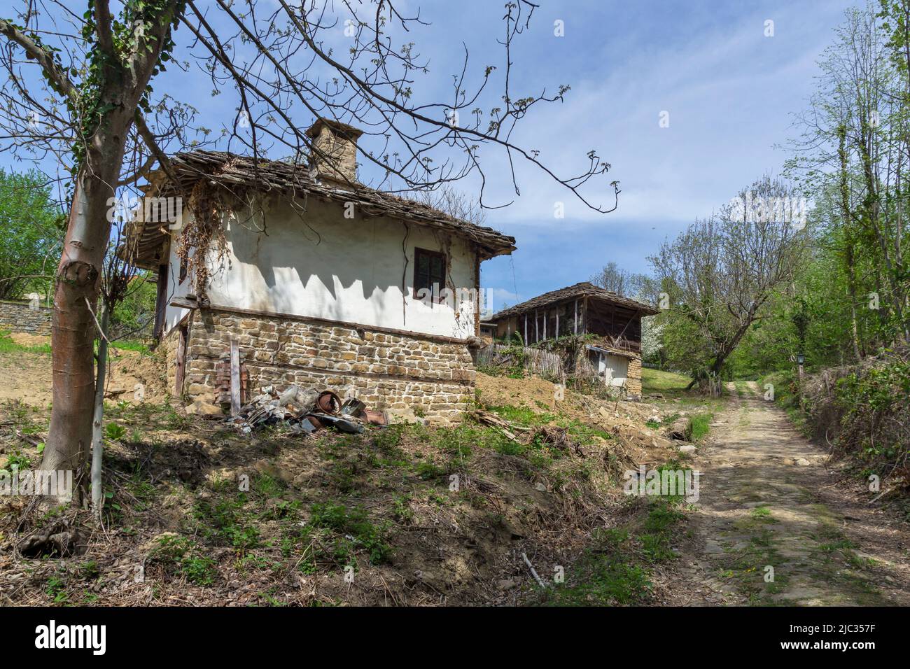 Typical street and old houses at historical village of Bozhentsi ...