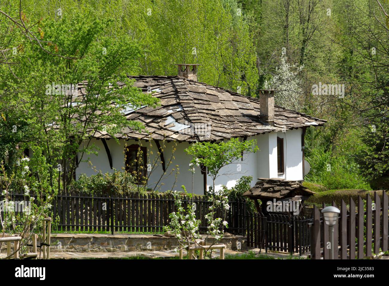 Typical street and old houses at historical village of Bozhentsi ...