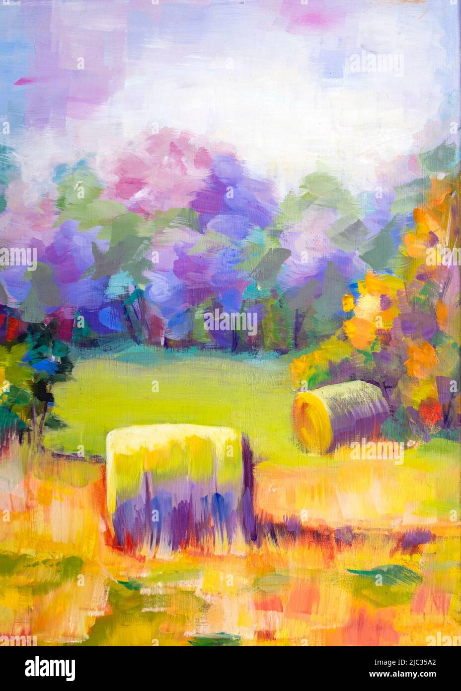 Autumn landscape with haystack . Colorful oil painting impressionism ...
