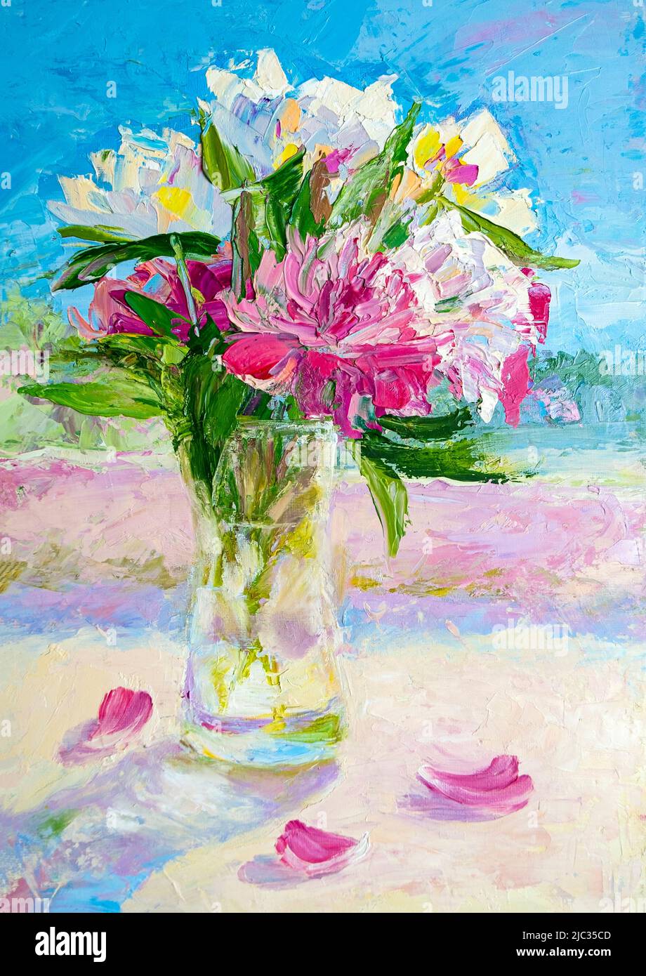 Spring flower bouquet in glass vase. Oil painting on canvas ...