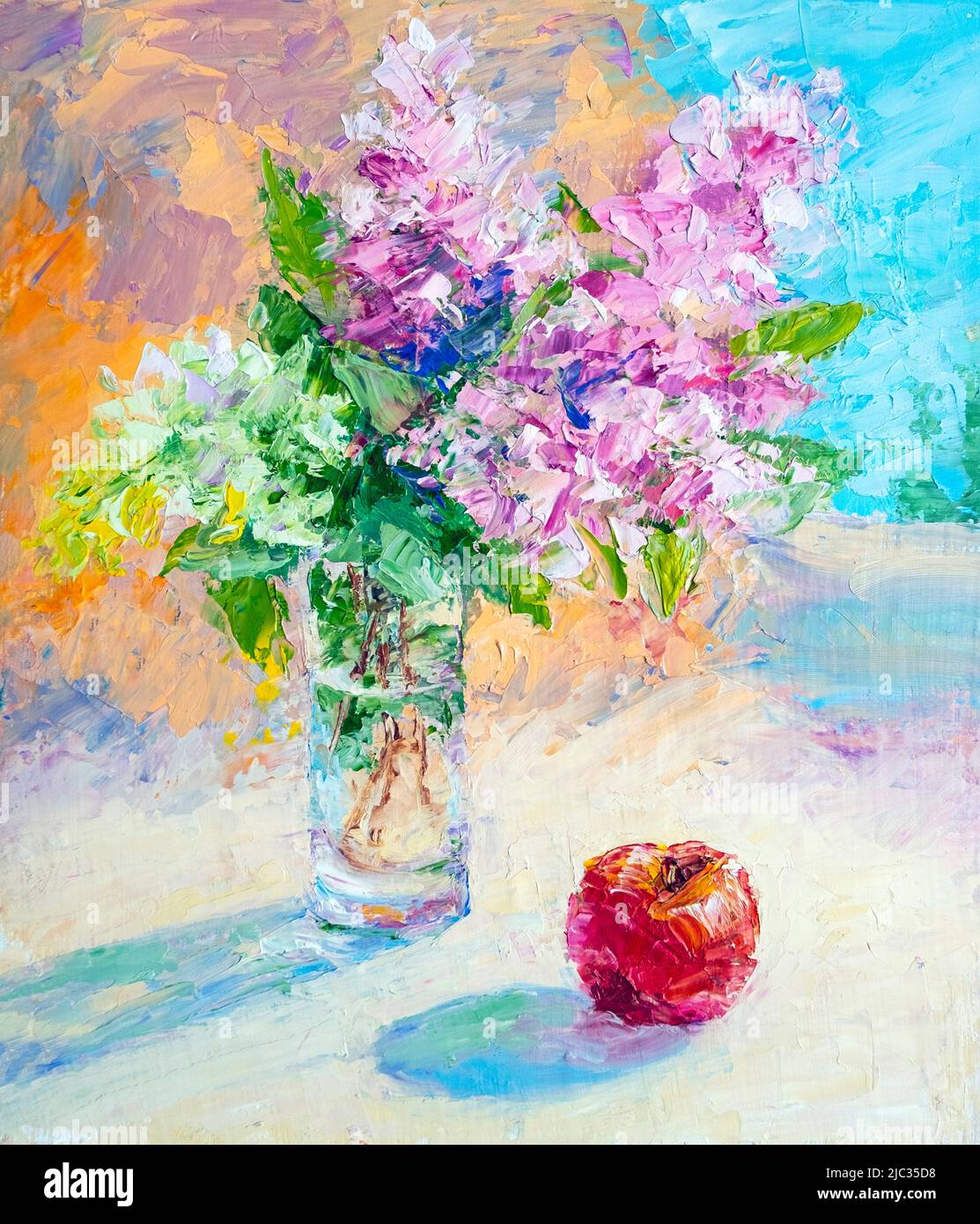 Spring flower bouquet in glass vase. Oil painting on canvas ...