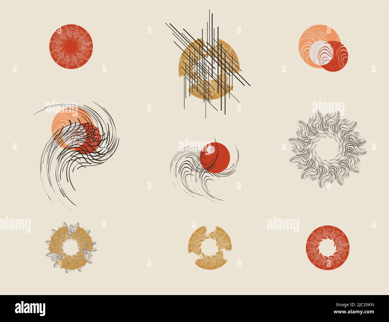 Abstract simple decorative emblems with circles and wavy lines on a ...