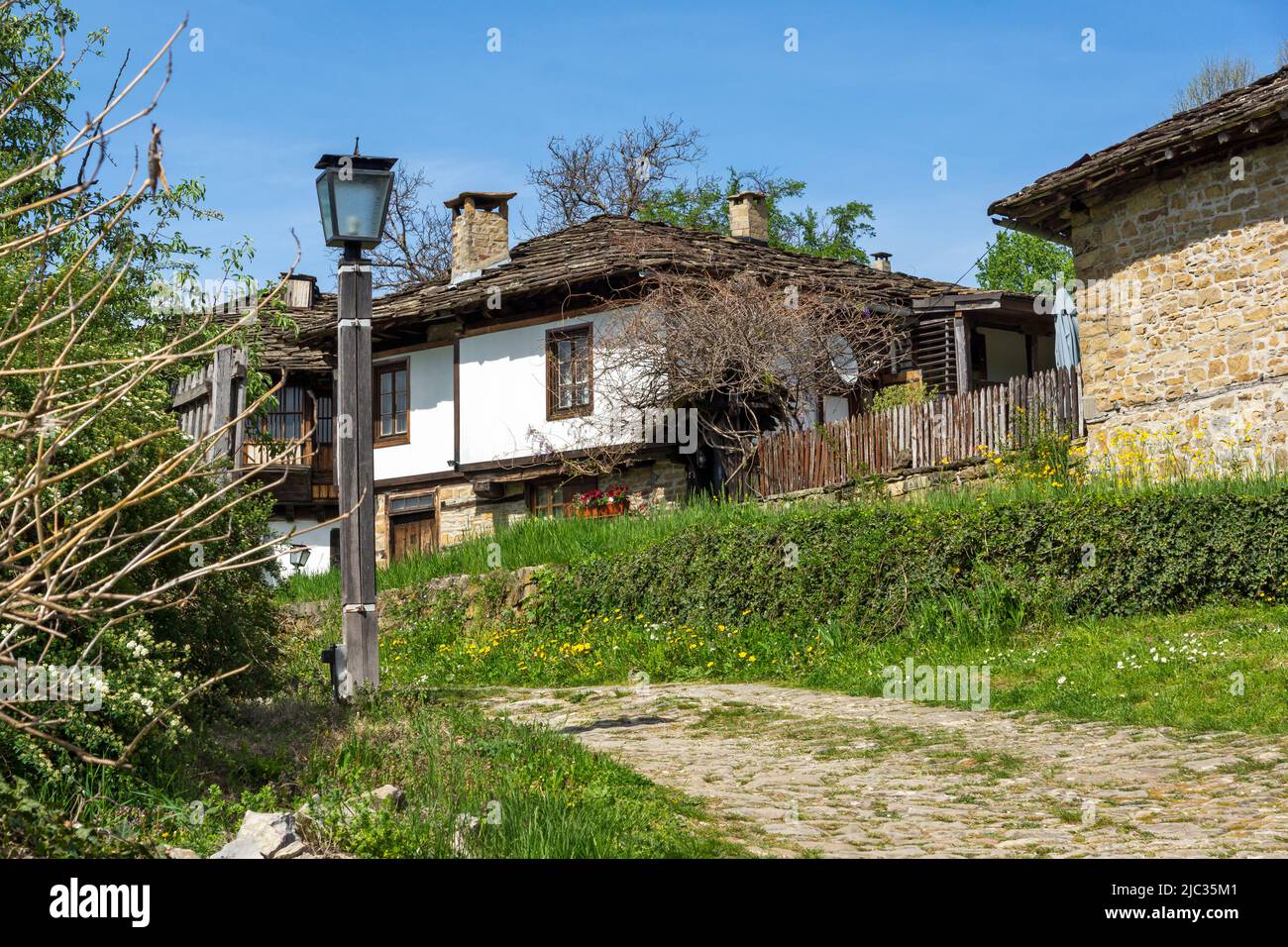 Typical street and old houses at historical village of Bozhentsi ...