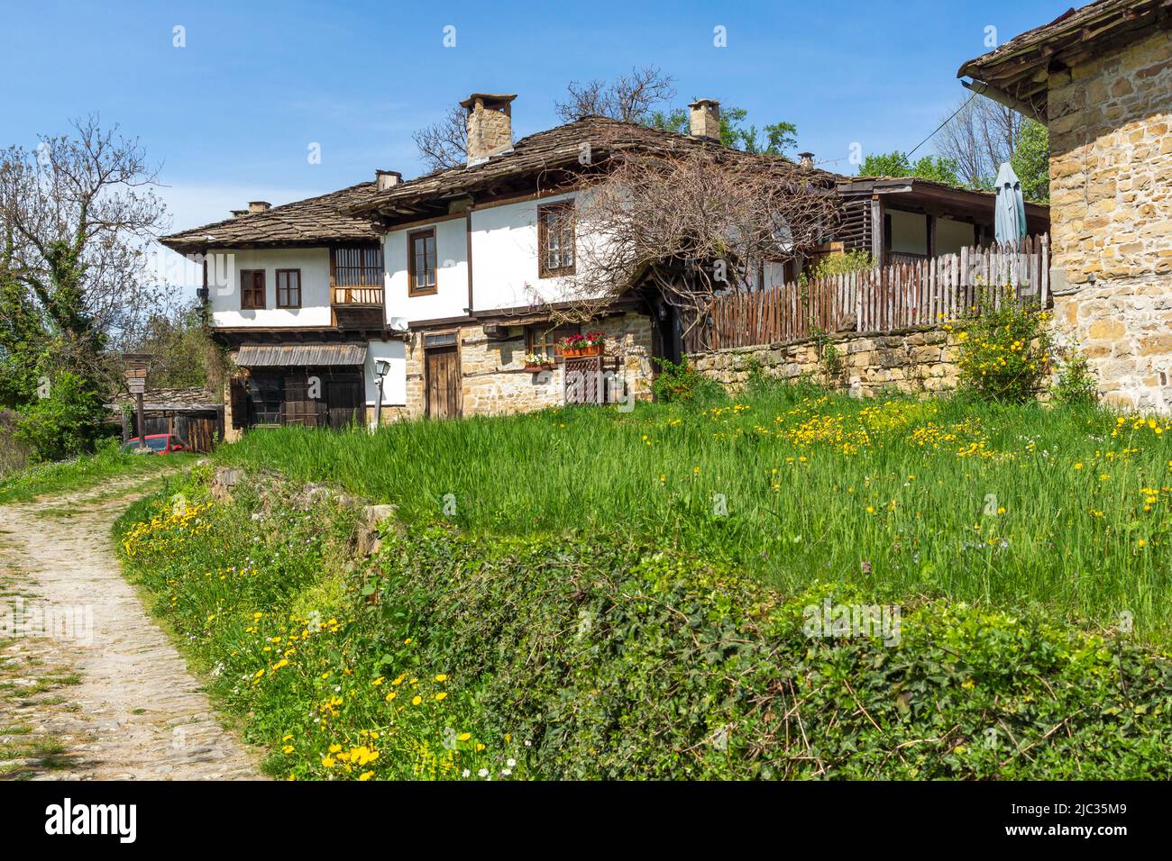 Typical street and old houses at historical village of Bozhentsi ...